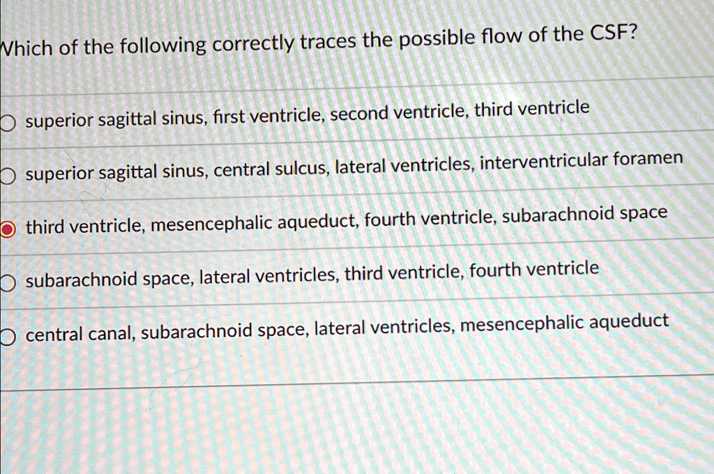 which of the following correctly traces the possible flow of the csf superior sagittal sinus ...