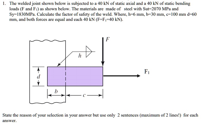 1. The welded joint shown below is subjected to a 40 kN of static axial ...