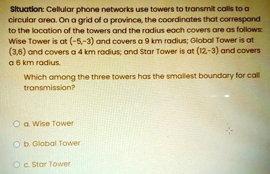 Situation: Cellular phone networks use towers to transmit calls to a ...