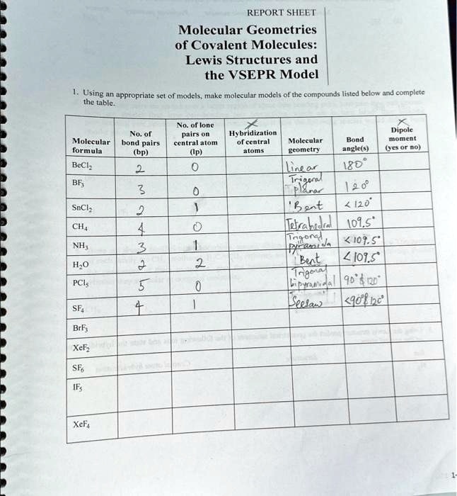 SOLVED: REPORT SHEET Molecular Geometries of Covalent Molecules: Lewis ...