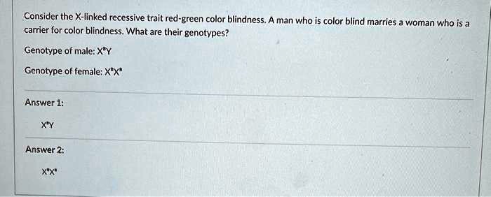 SOLVED: Consider the X-linked recessive trait red-green color blindness A man who is color blind ...