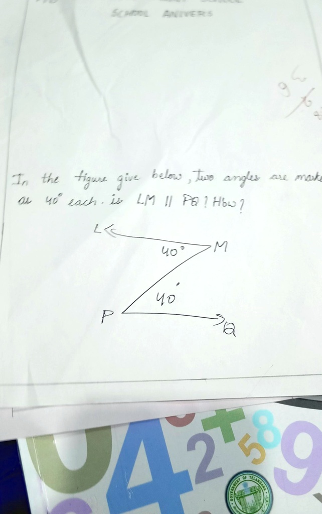 SOLVED: In the figure given below, two angles are marked as 40 degrees each. Is LM parallel to ...