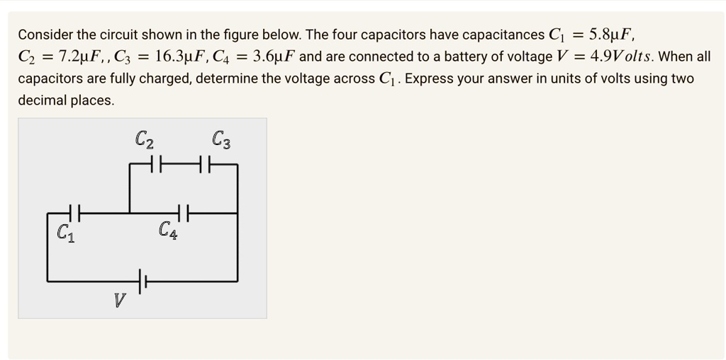 Consider the circuit shown in the figure below: The four capacitors have capacitances C1 = 5.8 ...