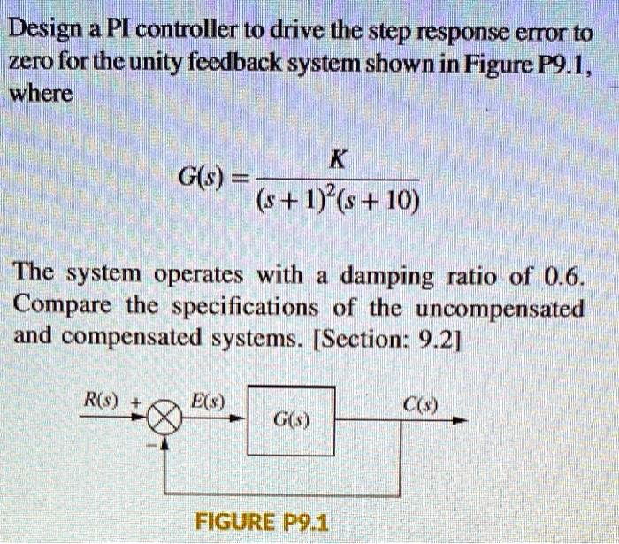 SOLVED: Design a PI controller to drive the step response error to zero for the unity feedback ...