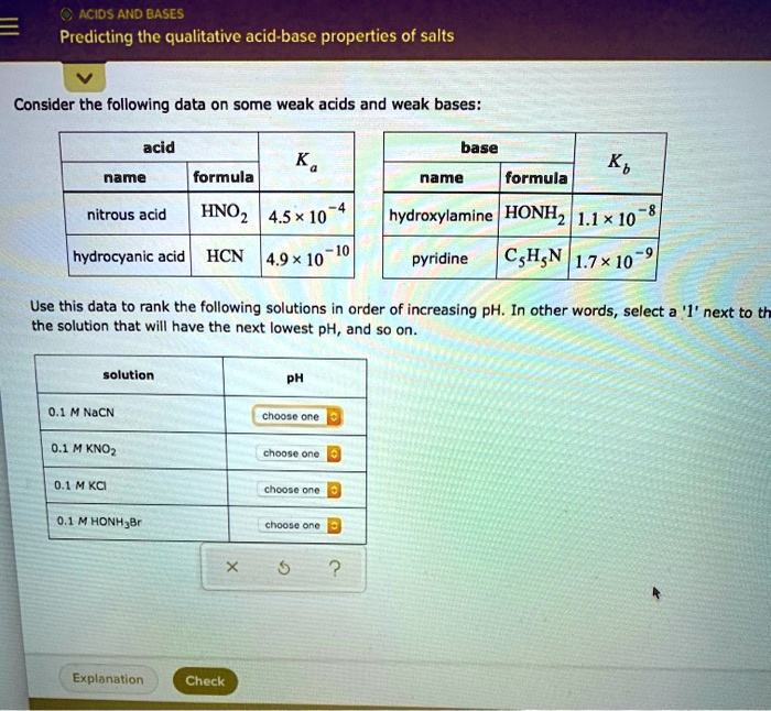 SOLVED:ACIDS AND BASES Predicting the qualitative acid base propertics of salts Consider the ...