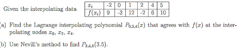 Text: 4 | 5 12 22 10 Given the interpolating data: a) Find the Lagrange ...