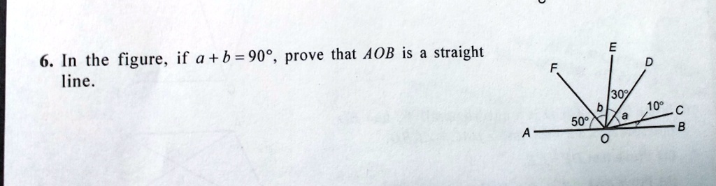 SOLVED: In the figure, if a + b = 90, prove that AOB is a straight line.