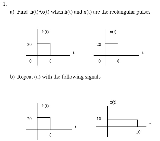 SOLVED: a) Find h(t)*x(t) when h(t) and x(t) are the rectangular pulses h(t) x(t) 20 20 8 b ...