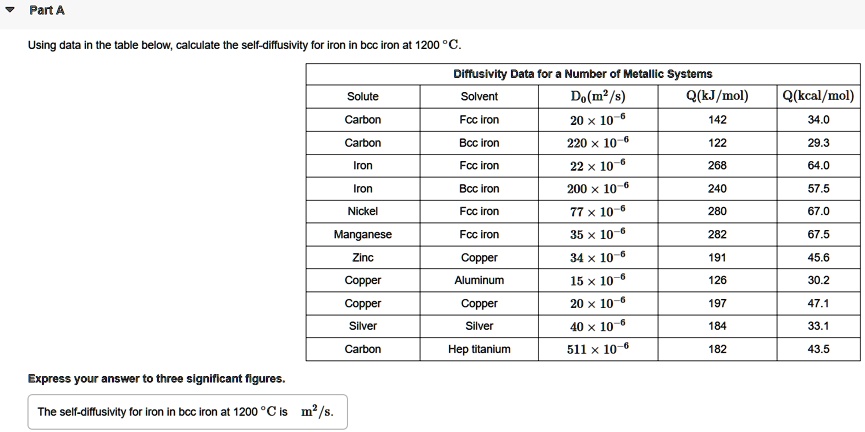 part a using data the table below calculate the self diffusivity for iron in bcc iron at 1200 c ...