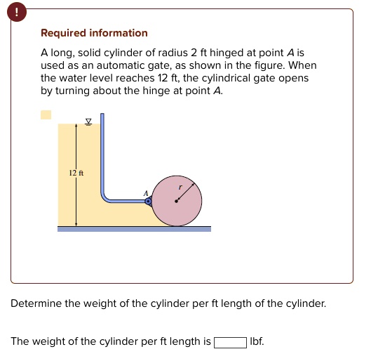 Required information A long, solid cylinder of radius 2 ft hinged at ...
