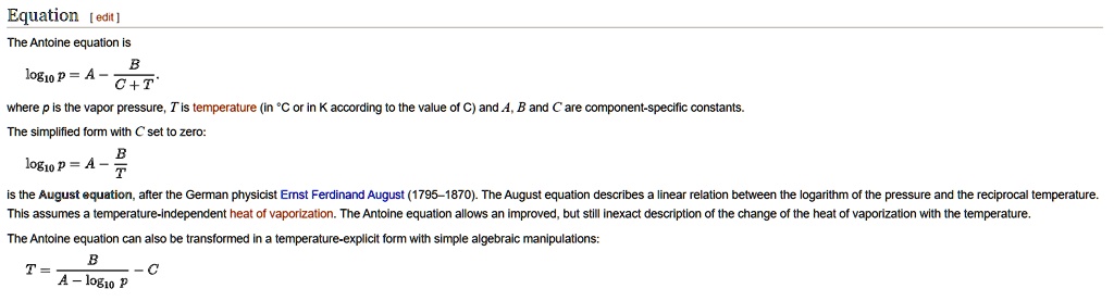 Equation [edit] The Antoine equation is log10 P = A - (B)/(C + T ...