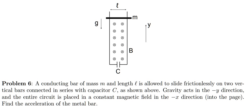 SOLVED: Problem 6: conducting bar of mass m and length € is allowed to ...