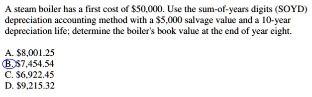 SOLVED: A steam boiler has a first cost of 50.000.Use the sum-of-vears ...