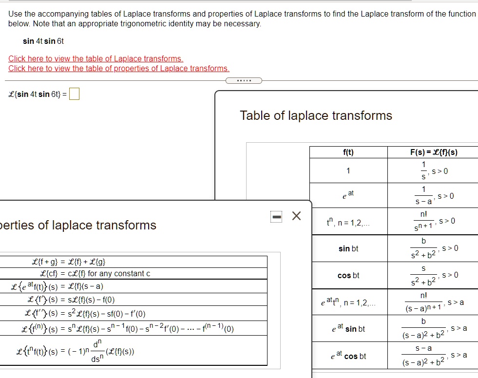 use the accompanying tables of laplace transforms and properties of laplace transforms to find ...