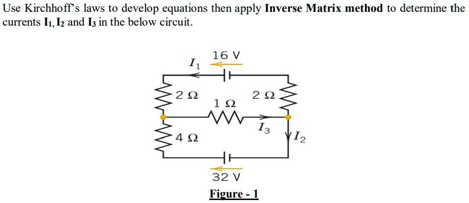 SOLVED: Use Kirchhoff s laws to develop equations then apply Inverse Matrix method to determine ...