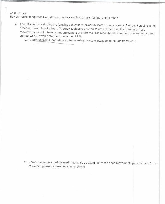 A.P Statistics Review Packet for quiz on Confidence Intervals and ...