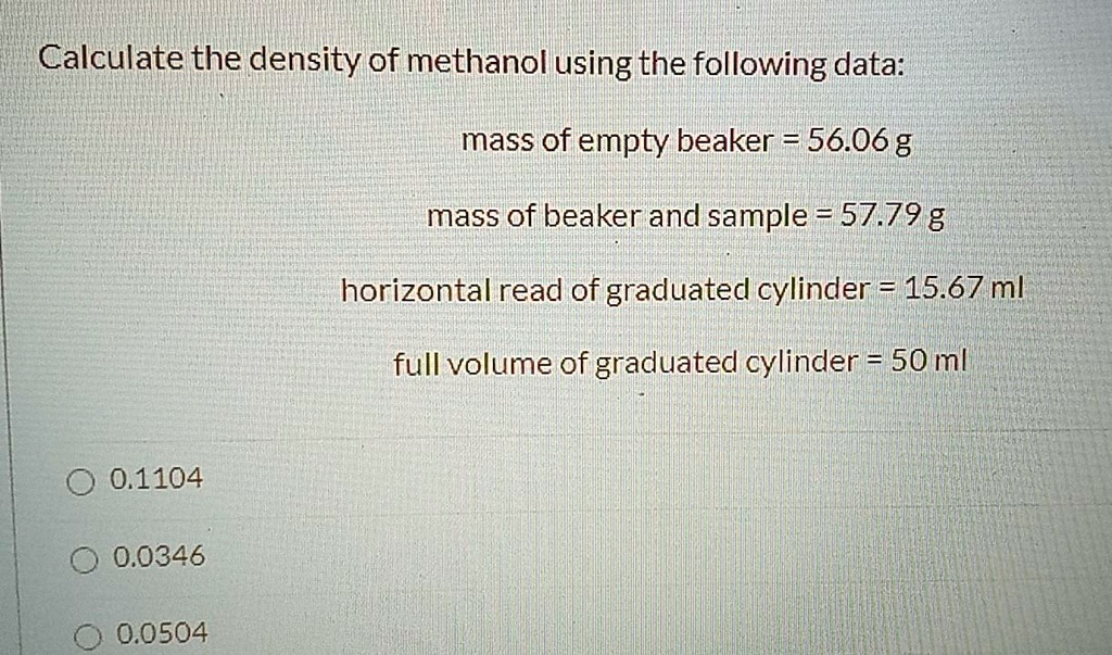 SOLVED:Calculate the density of methanol using the following data: mass ...