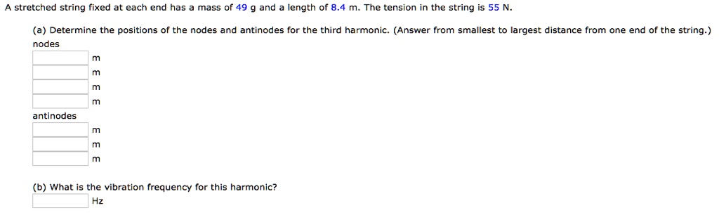 SOLVED: A stretched string fixed at each end has a mass of 49 g and a length of 8.4 m. The ...