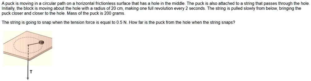 a puck is moving in circular path on horizontal frictionless surface that has hole in the middle ...