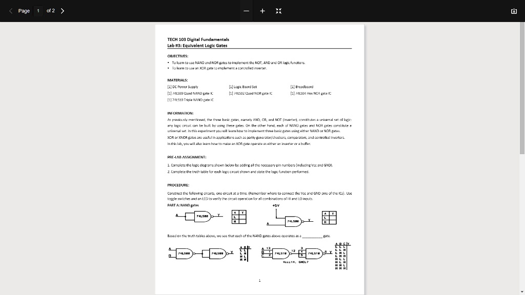 Solved Page 1 Of 2 Tech 103 Digital Fundamentals Lab 3 Equivalent Logic Gates Objectives To
