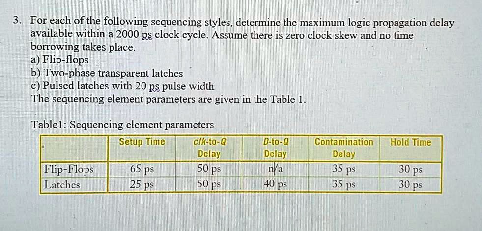 3. For each of the following sequencing styles, determine the maximum logic propagation delay ...