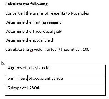 SOLVED: Calculate the following: Convert all the grams of reagents to No: moles Determine the ...