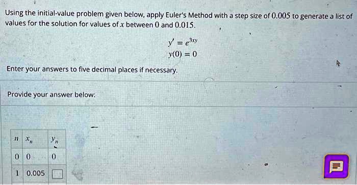 SOLVED: Using the initial-value problem given below, apply Euler's Method with a step size of 0. ...