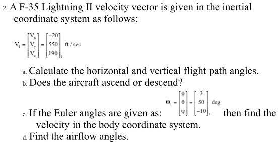 SOLVED: 2AF-35 Lightning II velocity vector is given in the inertial ...