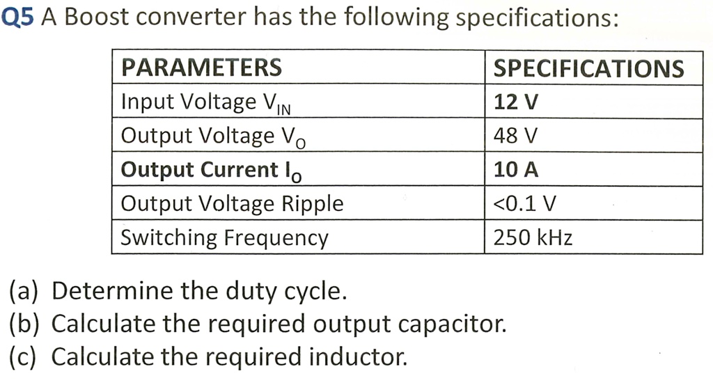 Q5 A Boost converter has the following specifications: PARAMETERS ...