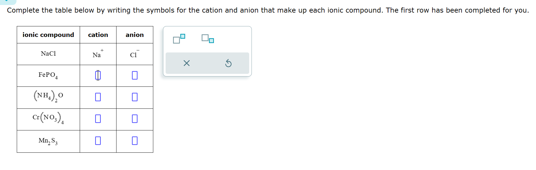 Complete The Table Below By Writing The Symbols For The Cation And Anion That Make Up Each Ionic
