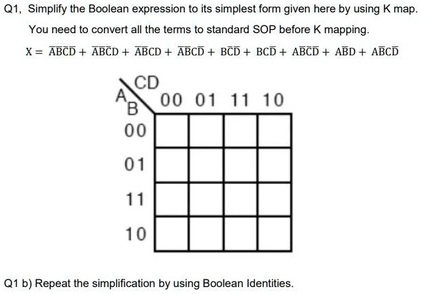 SOLVED: Q1, Simplify the Boolean expression to its simplest form given here by using K map. You ...