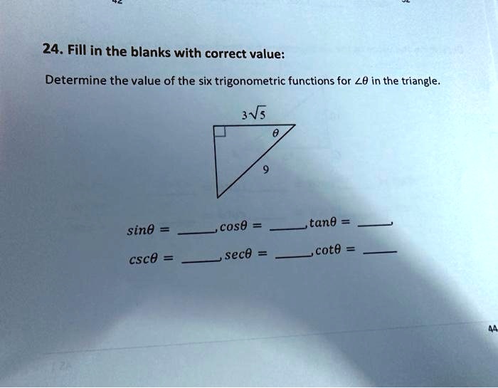 SOLVED: Determine the value of the six trigonometric functions for angle theta in the triangle ...
