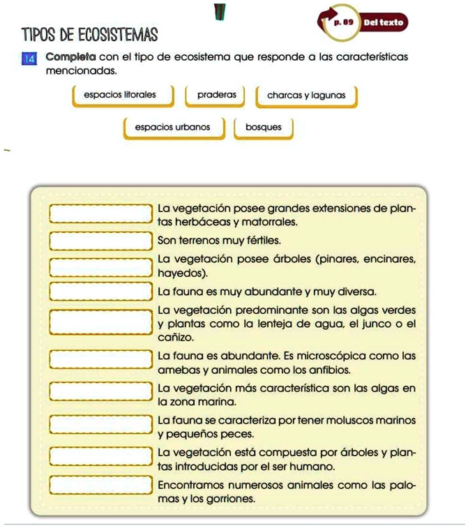 tipos de ecosistemas completa con el tipo de ecosistema que responde a las caracteristicas ...