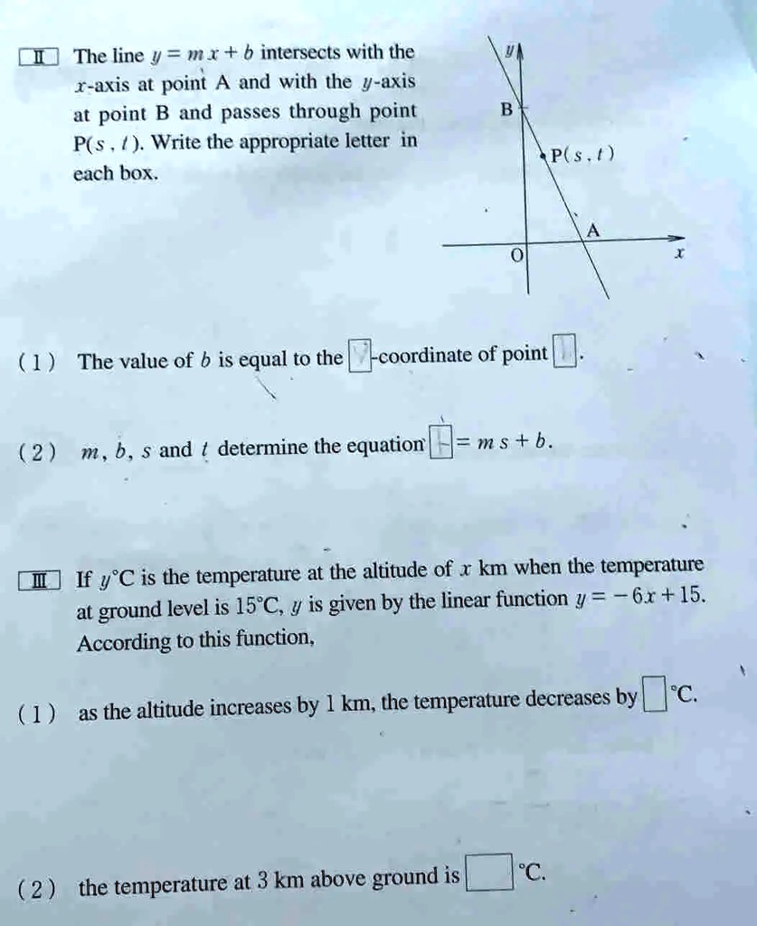 SOLVED: The line y = mx + b intersects with the x-axis at point A and with the y-axis at point B ...