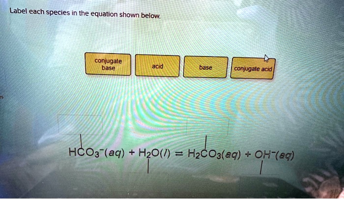 SOLVED: Label each species in the equation shown below: conjugate base ...