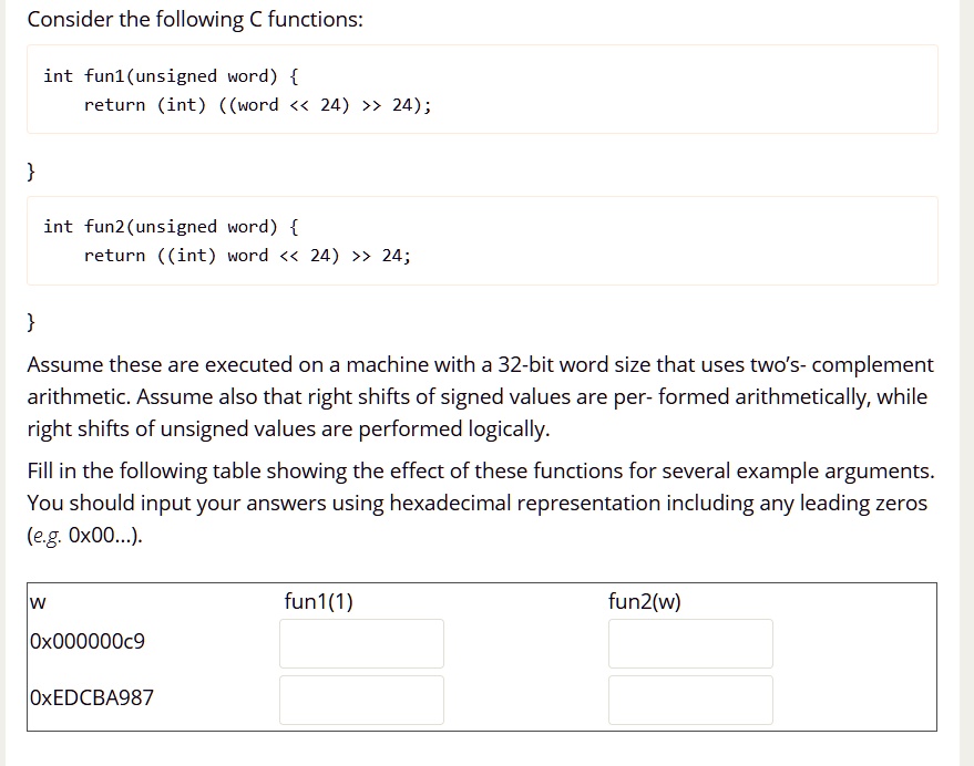 consider the following c functions int fun1unsigned word return int ...