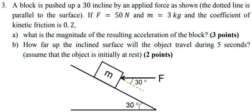 SOLVED: 3 A block is pushed up a 30 incline by an applied force as ...