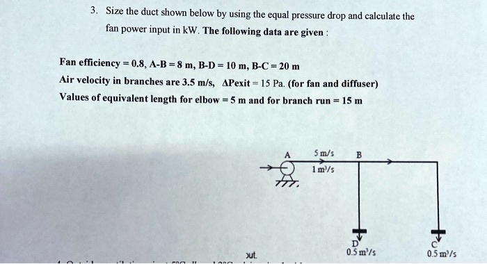 SOLVED: Size the duct shown below by using the equal pressure drop and ...