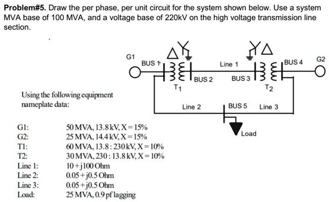 Problem#5. Draw the per phase, per unit circuit for the system shown below. Use a system MVA ...