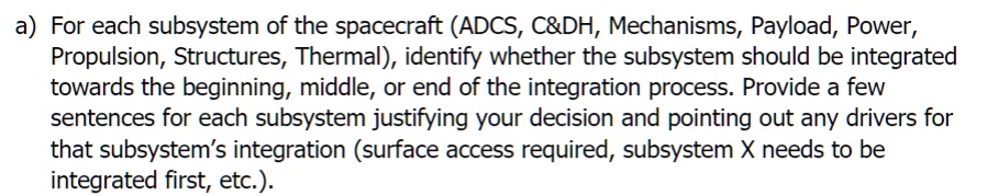 SOLVED: For each subsystem of the spacecraft (ADCS, C DH, Mechanisms ...
