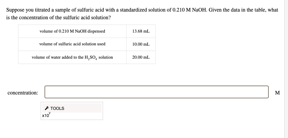 SOLVED: Suppose you titrated a sample of sulfuric acid with a standardized solution of 0.210 M ...