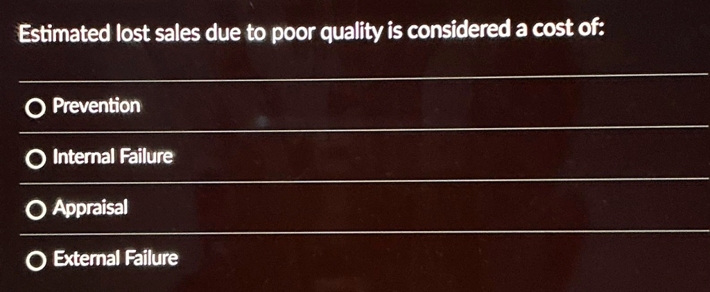 SOLVED: Estimated lost sales due to poor quality is considered a cost ...