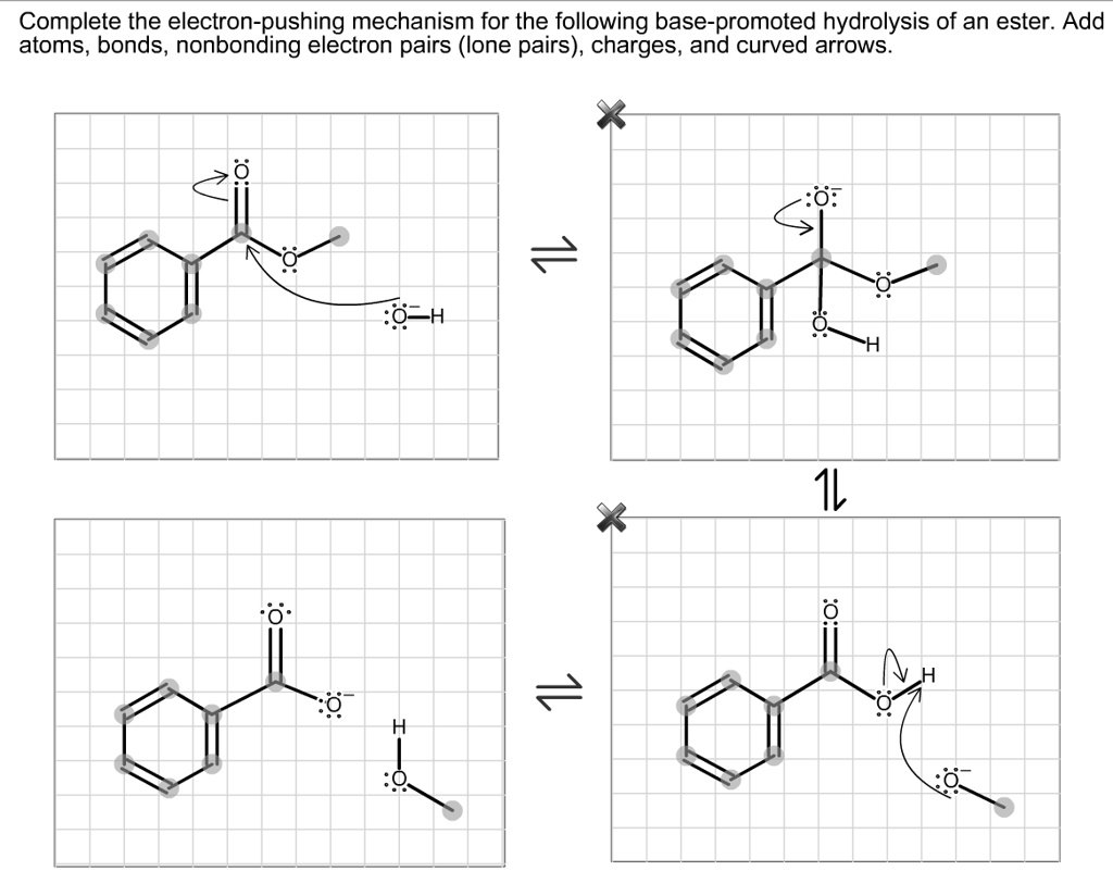 complete the electron pushing mechanism for the following base promoted hydrolysis of an ester ...