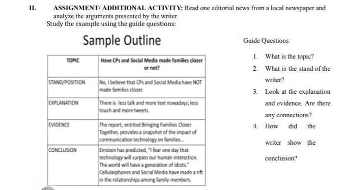 II. ASSIGNMENT/ ADDITIONAL ACTIVITY: Read one editorial news from a ...