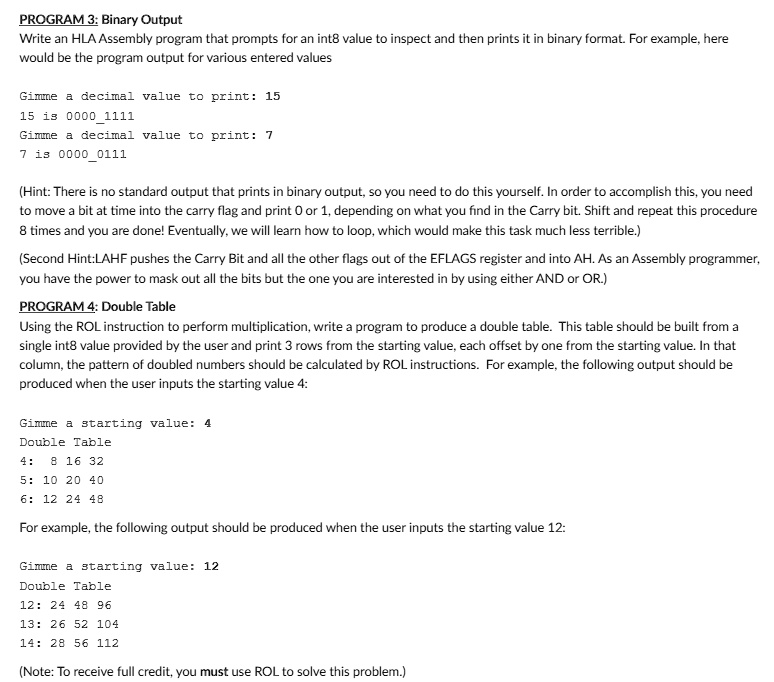 In Hla Code Please Program 3 Binary Output Write An Hla Assembly Program That Prompts For An