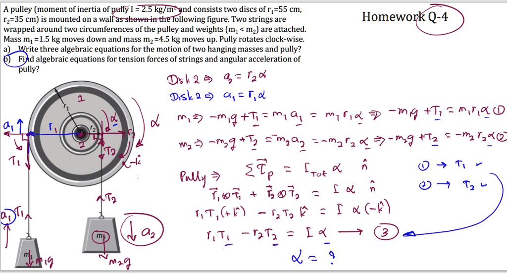 SOLVED: A pulley (moment of inertia of pulley I = 2.5 kg/m^2 and consists of two discs of r1 ...