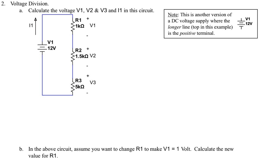 SOLVED: Voltage Division. a. Calculate the voltage V1, V2 V3 and I1 in ...