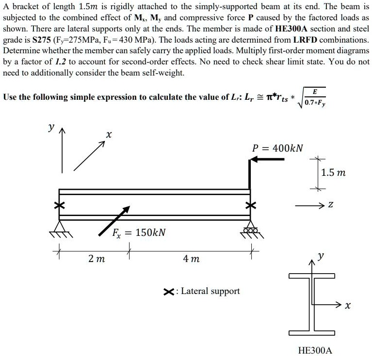 SOLVED: A bracket of length 1.5m2 is rigidly attached t0 the simply-supported beam at its end ...