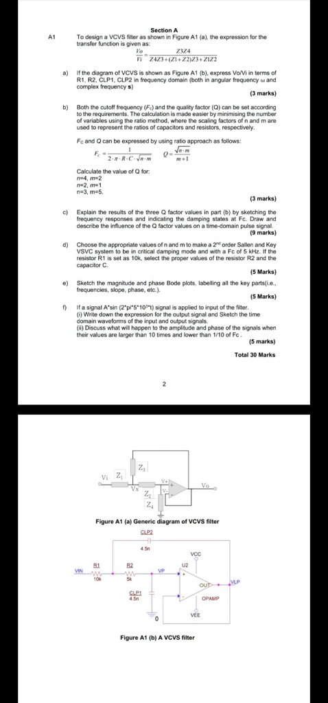 section a to design a vcvs fiter as shown in figure a1 a the expression for the transfer ...