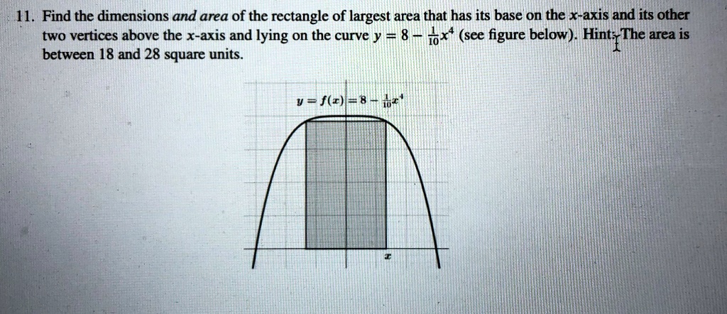 h find the dimensions and area of the rectangle of largest area that has its base on the x axis ...